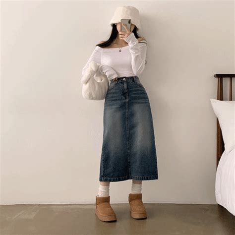 [가을신상 고퀄리티] 인생핏 보장 샌드 워싱 뒷트임 데님 롱 스커트 1color 에이블리