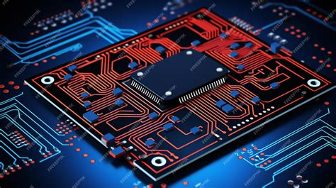 Premium Ai Image Sophisticated Blue And Red Printed Circuit Board Design With Microchip And