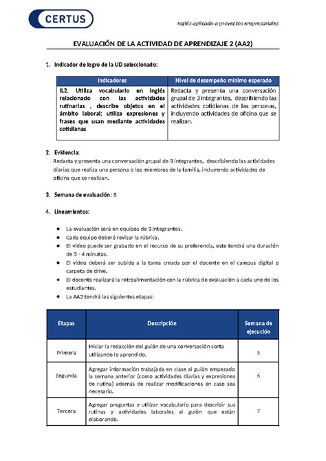 Lineamientos evaluación AA2 Inglés aplicado a proyectos empresariales