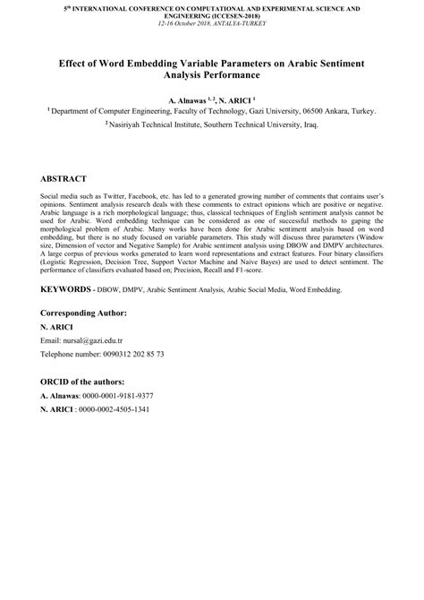 pdf effect of word embedding variable parameters on arabic sentiment