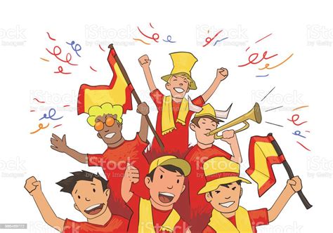 국가 축구 팀 지지 자들은 환호 하는 선수들에 대 한 국가 특성으로 축구 팬 들입니다 컬러 평면 벡터 일러스트입니다 수평 흰색