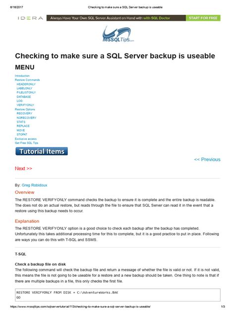 Checking To Make Sure A Sql Server Backup Is Useable Pdf Backup