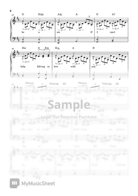 Elvis Presley Cant Help Falling In Love Dmajor Sheets By Raras