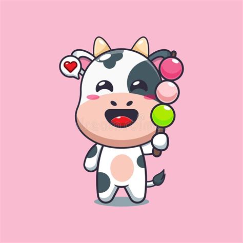 Cute Cow Eating Dango Cartoon Vector Illustration Stock Vector