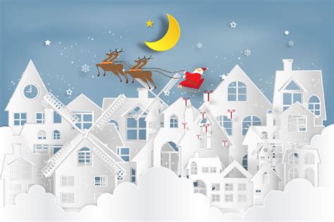 눈 시 구름 및 휴일과 Xmas 일 개념으로 겨울 배경에서 메리 크리스마스 순 록 썰매에 산타 클로스 벡터 일러스트 레이 션