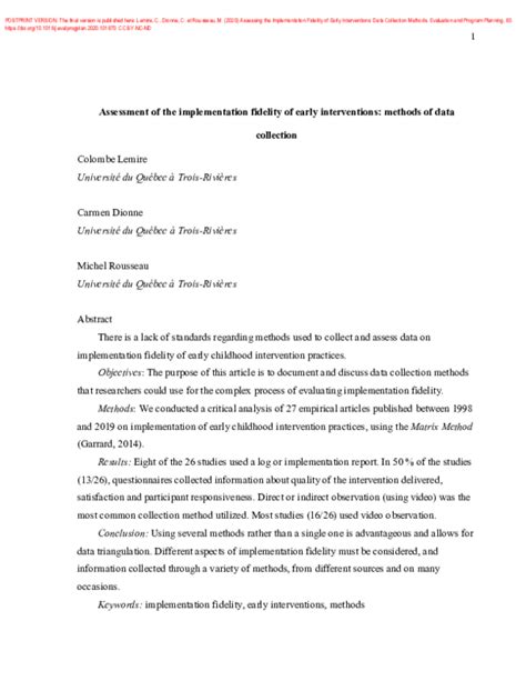 Pdf Assessing The Implementation Fidelity Of Early Interventions Data Collection Methods