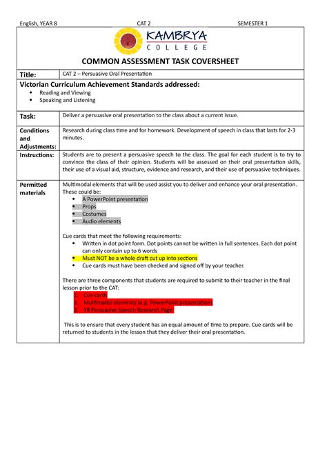 Yr 8 English Term 2 Apa Persuasive Oral Cat Cover Sheet Common