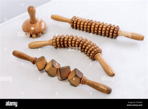 From Above Of Wooden Massager Roller Set For Body Massage Tools Used