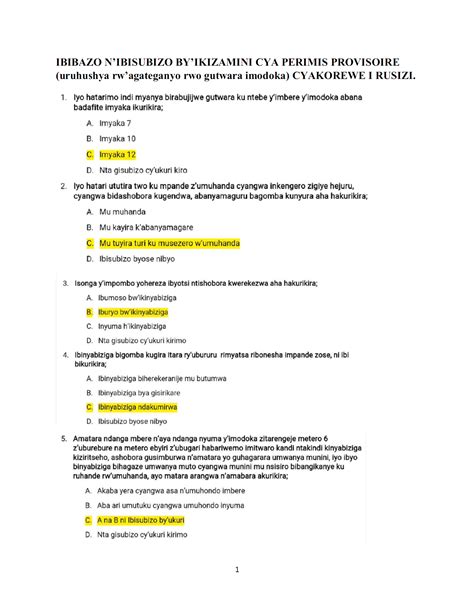 IBIBAZO NIBISUBIZO BYIKIZAMINI CYA PERIMIS PROVISOIRE Uruhushya Rw