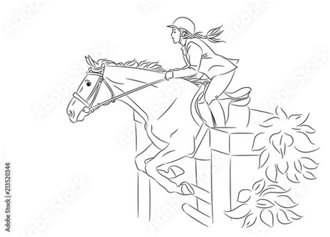 Horsewoman And A Horse Are Jumping Over An Obstacle Equestrian Sport