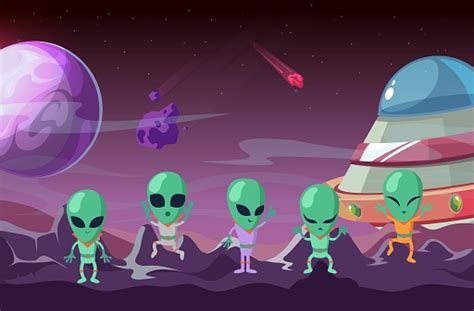 행성에 외계인 식민지 행성 우주선과 Ufo 만화 우주 배경 게임 위치 또는 어린이 배너 벡터 템플릿 Empire에 대한 스톡
