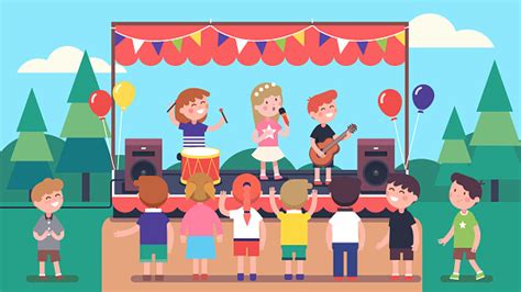 예술가 어린이 음악 밴드가 노래를 부르고 야외 무대에서 악기를 연주합니다 공원에서 축제 쇼 콘서트 공연을 즐기고 음악을 듣는 관객 군중 플랫 벡터 일러스트레이션 아이에 대한