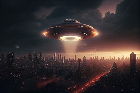 Premium Ai Image An Alien Saucer Hovering Over The City Ufo Alien