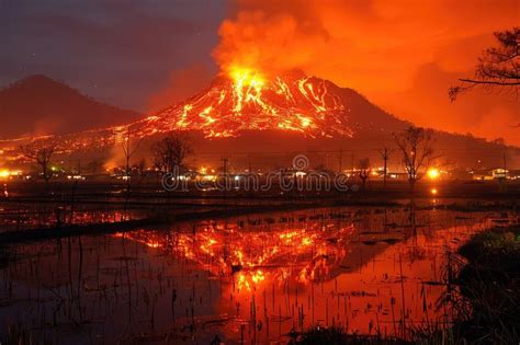 Eruption Of Mount Merapi Volcano With Lava Flow And Red Glow In
