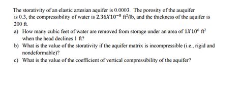 Solved The Storability Of An Elastic Artesian Aquifer Is Chegg