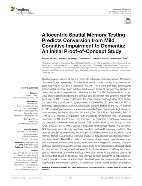 PDF Allocentric Spatial Memory Testing Predicts Conversion From Mild Cognitive Impairment To