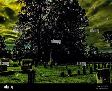Eerie Cemetery Scene With Odd Colors Headstones Overcast Sky And