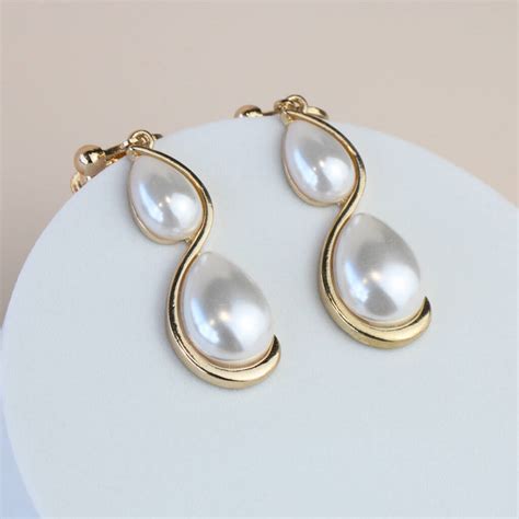 Gold Teardrop Pearl Dangle Clip On Earrings By Gy Studios