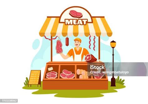 고기 가게 또는 시장 평면 만화 배경 디자인에 다양한 신선한 고기 제품과 쇠고기 돼지고기 치킨 소시지가 있는 벡터 일러스트레이션