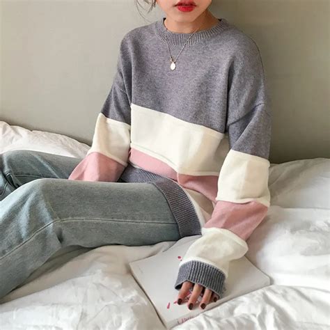 2 цвета корейский элегантный дизайн цвет лоскутное с длинным рукавом трикотажные теплые свитеры