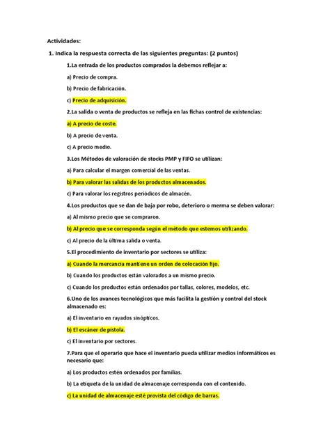 Actividades Valoración De Existencias Pdf Inventario Precios