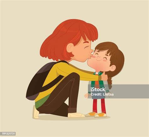 어머니의 그림은 그녀의 딸에게 작별 키스를 제공합니다 엄마는 학교 문에서 아이에게 키스를 제공합니다 미취학 아동은 몬테소리