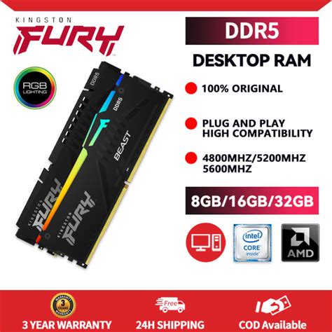 【24h Shipping】kingston Fury Beast Rgb Ddr5 Ram 8gb 16gb 32gb Desktop