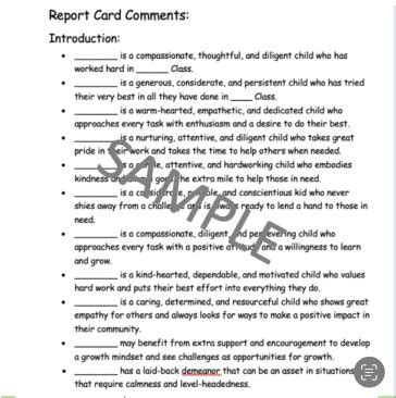 Mash Class Level Sample Report Card Comments