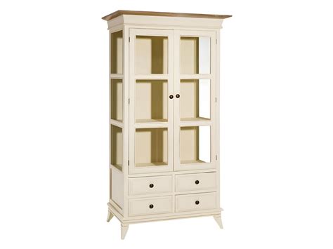 PETRA Vitrine 2 Portes 4 Tiroirs Pin Massif et MDF Naturel et Crème