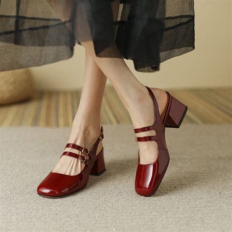 Slingback Leather Mary Jane Pumps Block Heel Office Shoes Dwarves Shoes