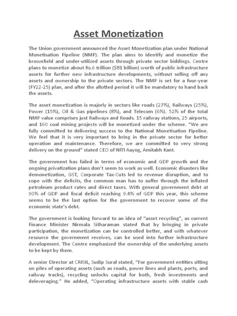 Asset Monetization Download Free Pdf Infrastructure Government