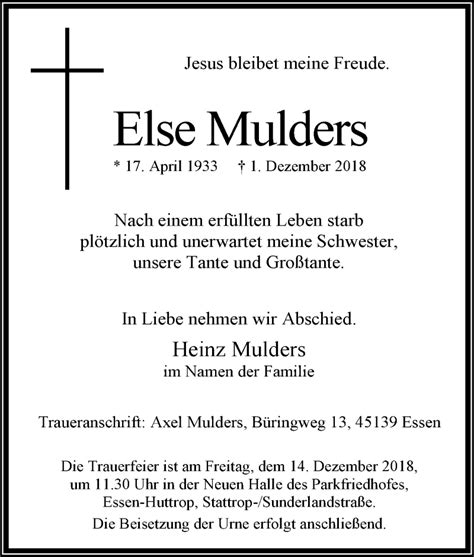 Traueranzeigen Von Else Mulders Trauer In Nrwde