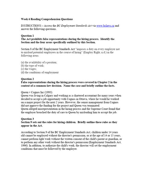 Week 6 Reading Comprehension Questions Pdf Employment Overtime
