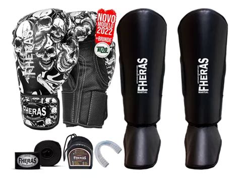 Kit Muay Thai Caveira Branca Bandagem Bucal Caneleira 12oz Frete grátis