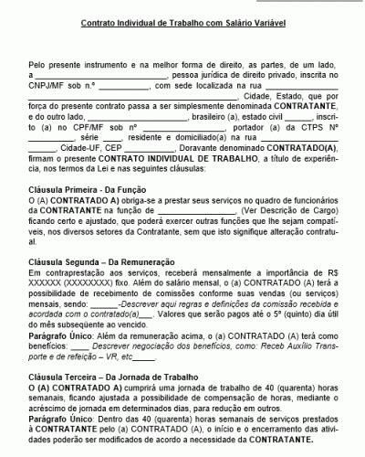 Modelo de Contrato Individual de Trabalho Salário Variável
