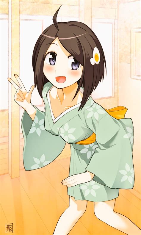 Safebooru 1girl D Ahoge Araragi Tsukihi Artist Name Bangs Black Hair Blush Bob Cut Breasts