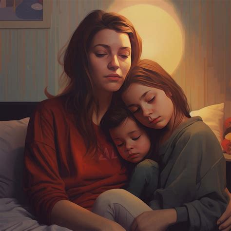 Premium Ai Image Panting Of A Mother Holding Her Sleepy Daughter