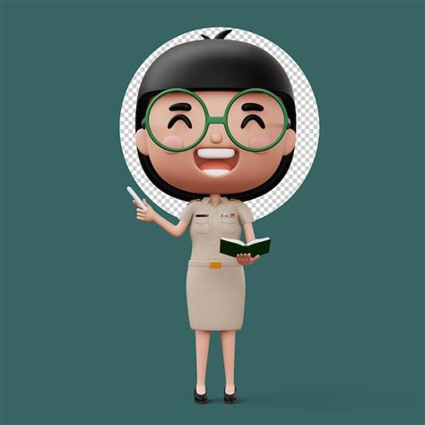 Premium Psd Happy Thai Teacher Wearing Civil Servant Uniform Holding A White Chalk And A Book