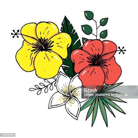 열 대 잎과 꽃 흰색 배경에 고립의 벡터 현실적인 그림 세트 매우 상세한 화려한 식물 컬렉션입니다 화장품 스파 미용 용품을 위한