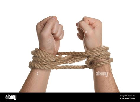 Freedom Concept Man With Tied Arms On White Background Closeup Stock