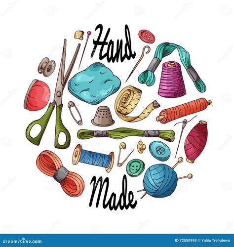 Sewing Items Set Vector Tailoring Equipment Hand Drawn Needlework
