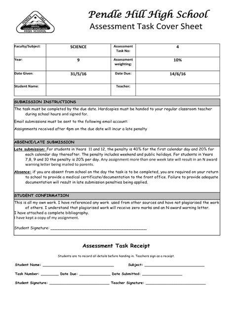 Fillable Online Pendlehillhighschool Org Assessment Task Cover Sheet Fax Email Print
