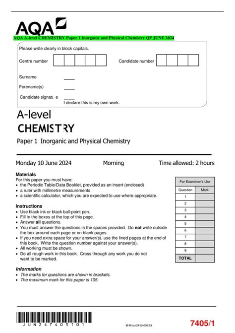 Aqa A Level Chemistry Paper 1 Inorganic And Physical Chemistry Qp June