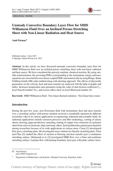 Unsteady Convective Boundary Layer Flow For Mhd Williamson Fluid Over An Inclined Porous