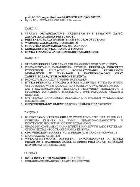 Sz Sylabus Etyka I Ochrona Finasow W Etyce 2022 23 Pdf