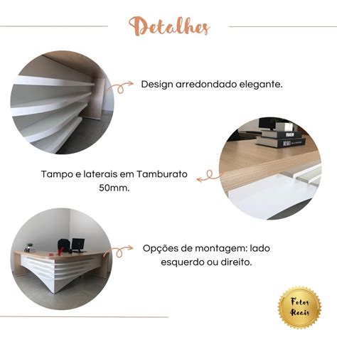 Mesa Tamburato Diretor em L Escritório Home Office Carvalho Branco