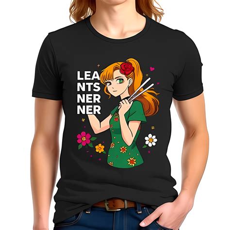 Anime Girl Graphic T Shirt With Orange Red Hair And Floral Green Dress