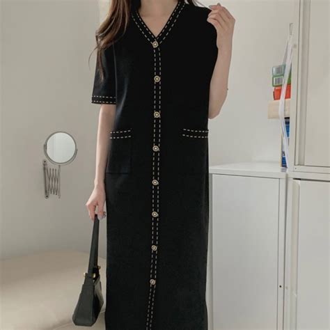 고급 스티치 브이넥 단추 맥시 롱 반팔 니트 원피스 하객 임산부 원피스