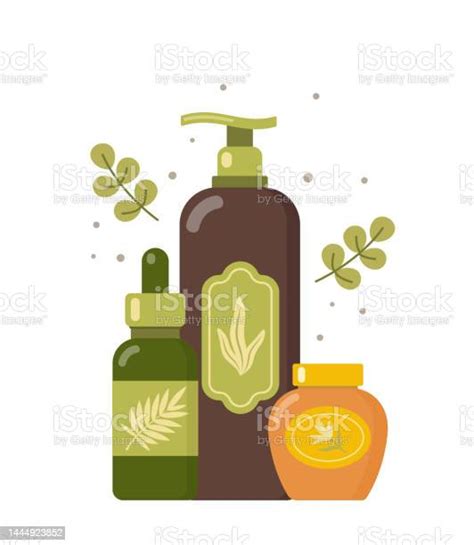 유기농 식물에서 천연 화장품 녹색 잎과 병의 커플 스파 바이오 크림 병 평면 디자인의 비건 유기농 화장품을 위한 세련된 개념 벡터 그림입니다 귀여운에 대한 스톡 벡터 아트