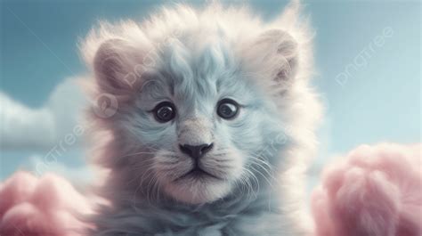 하늘에 흰 셔츠를 입은 흰 사자의 귀여운 초상화 사자 파란 모피 솜사탕 구름 배경 일러스트 및 사진 무료 다운로드 Pngtree
